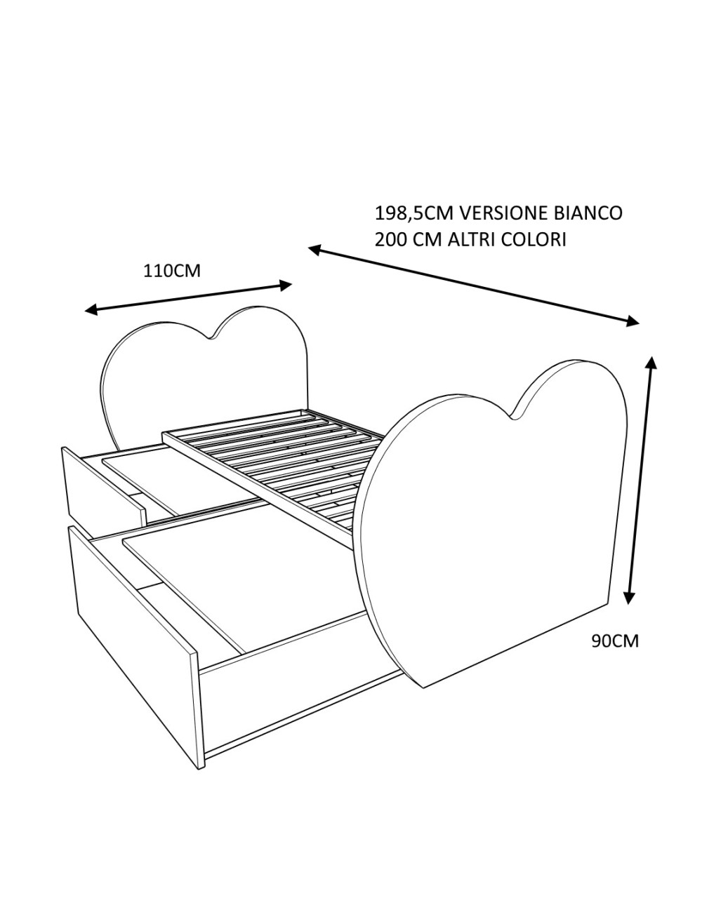 Letto singolo cuore con cassetti - Cameretta romantica